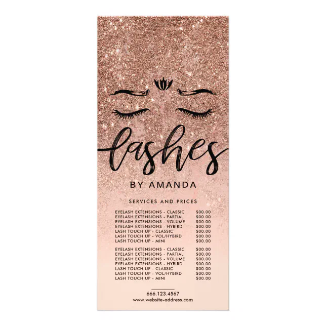 Price List Rose Gold Glitter Ombre Lashes Rack Card | Zazzle