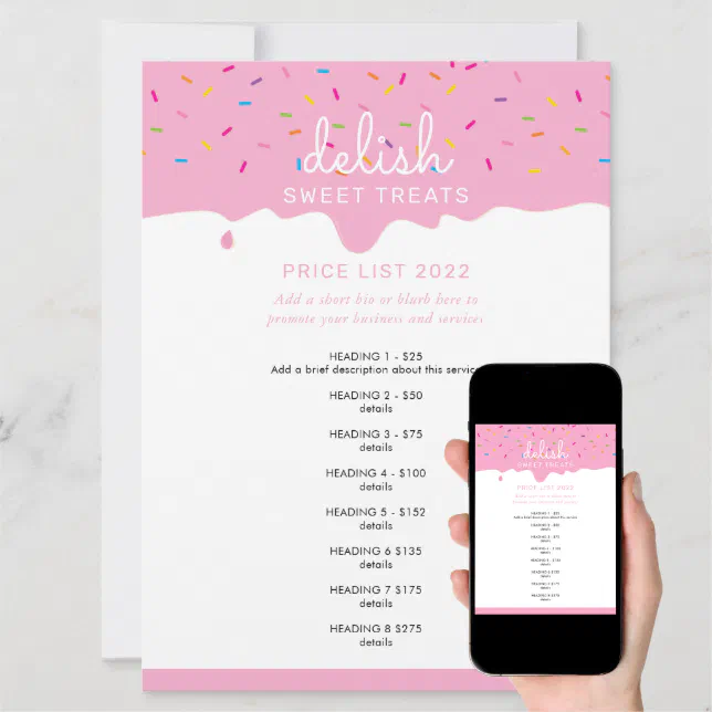 PRICE SERVICE LIST pink frosting drip sprinkles Invitation | Zazzle
