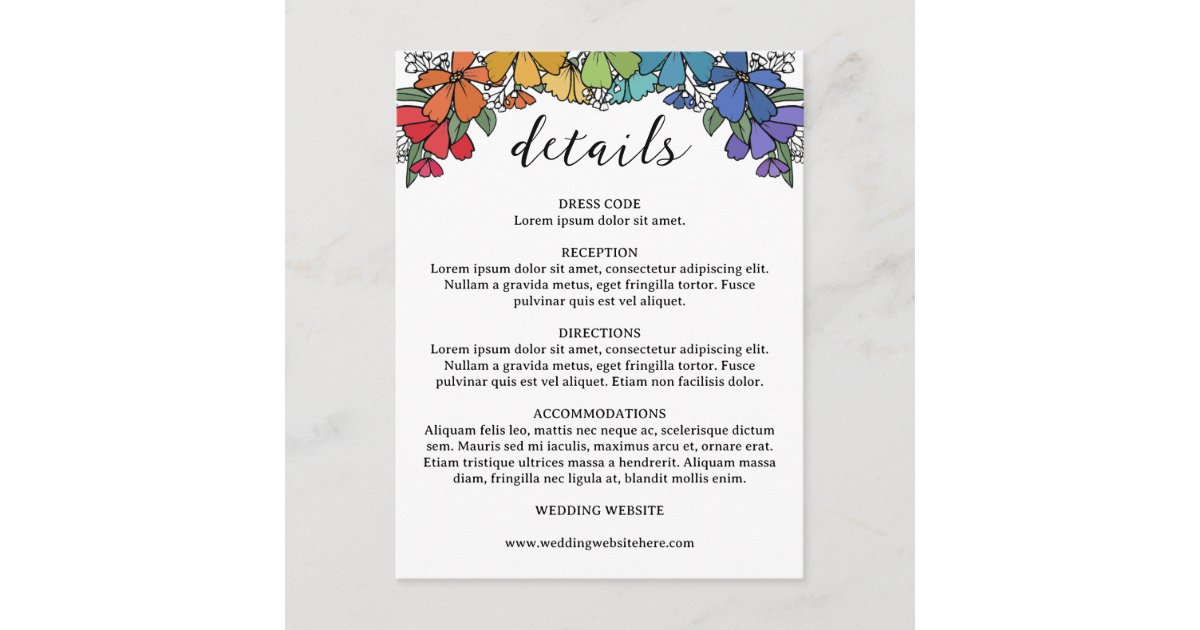 Pride Flowers LGBTQ Wedding Details Enclosure Card | Zazzle