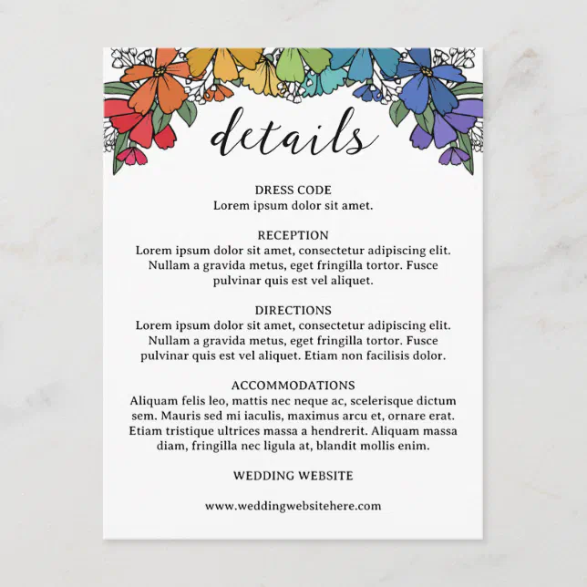Pride Flowers LGBTQ Wedding Details Enclosure Card | Zazzle