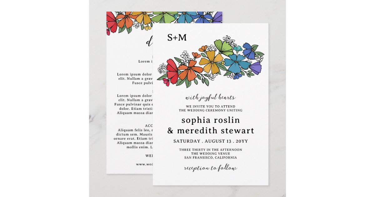 Pride Flowers Monogram Details LGBT Wedding Invitation | Zazzle