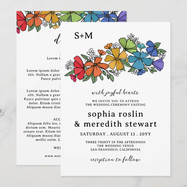Pride Flowers Monogram Details LGBT Wedding Invitation | Zazzle