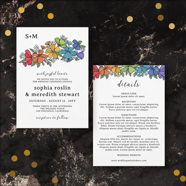 Pride Flowers Monogram Details LGBT Wedding Invitation | Zazzle