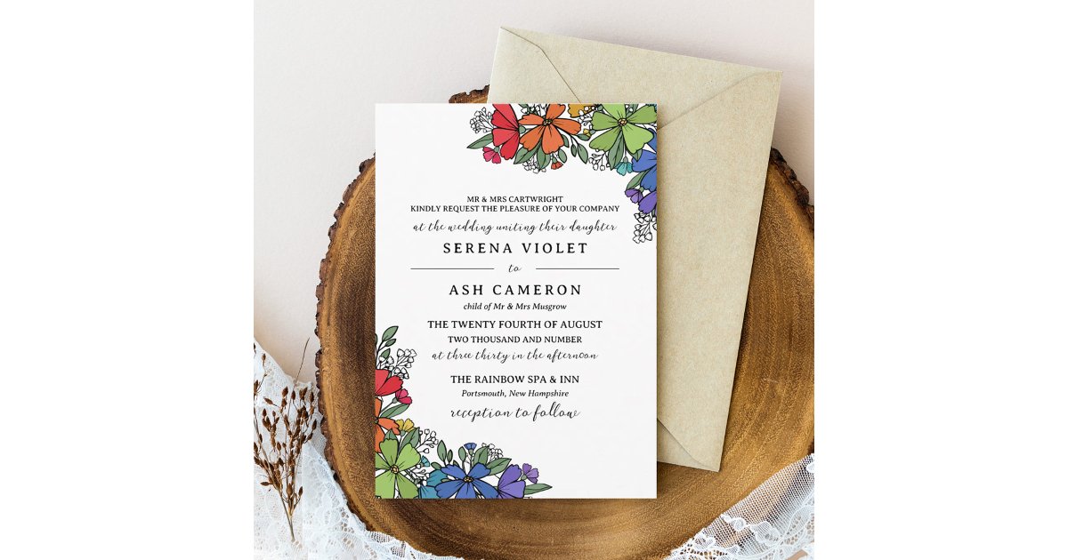 Pride Rainbow Flowers Formal LGBT Wedding Invitation | Zazzle
