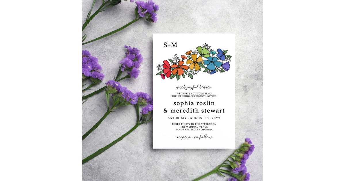 Pride Rainbow Flowers Monogram LGBT Wedding Invitation | Zazzle