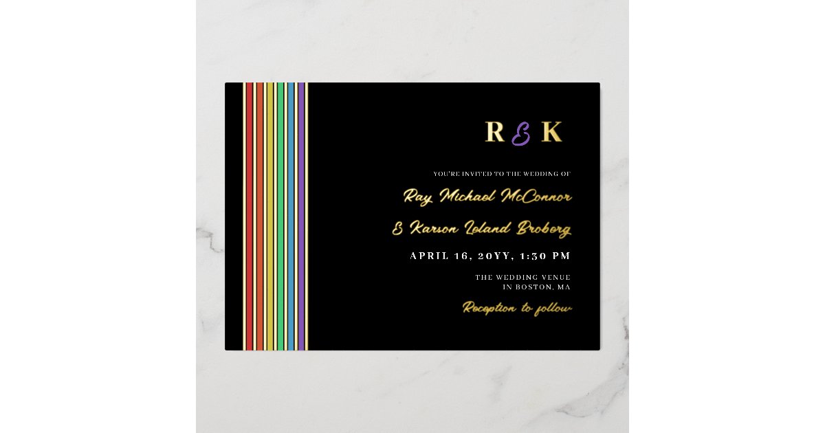 Pride Stripes Monogram Informal LGBT Wedding Foil Invitation | Zazzle