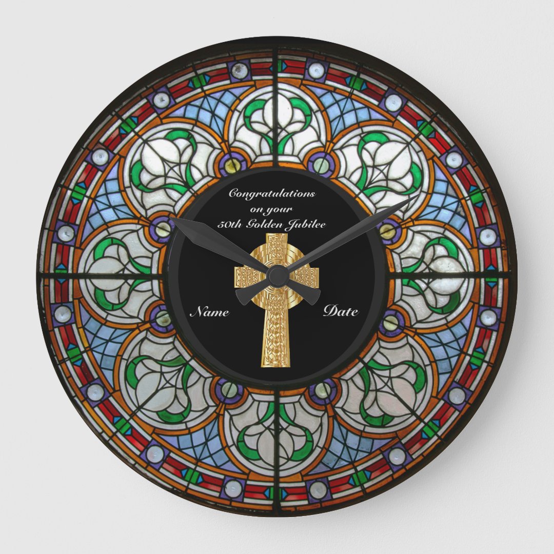 Priest Ordination Anniversary Stained Glass Cross Large Clock | Zazzle