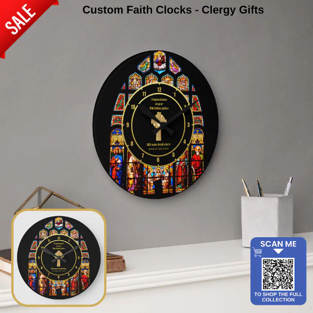 Priest Pastor Ordination Anniversary Stained Glass Large Clock | Zazzle