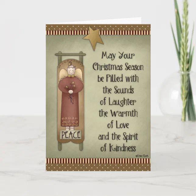 Prim Angel on a Sleigh Christmas Wishes Card | Zazzle