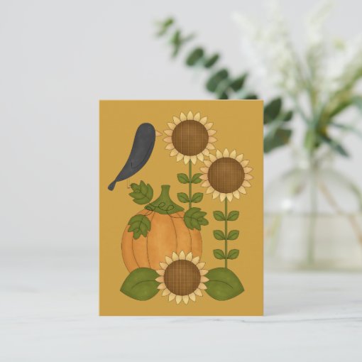 Prim Autumn Crow Pumpkin and Sunflowers Postcard | Zazzle
