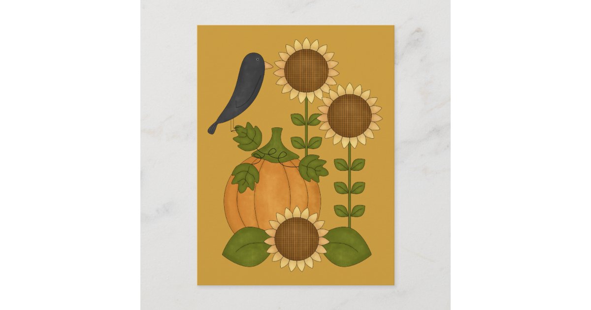 Prim Autumn Crow Pumpkin and Sunflowers Postcard | Zazzle