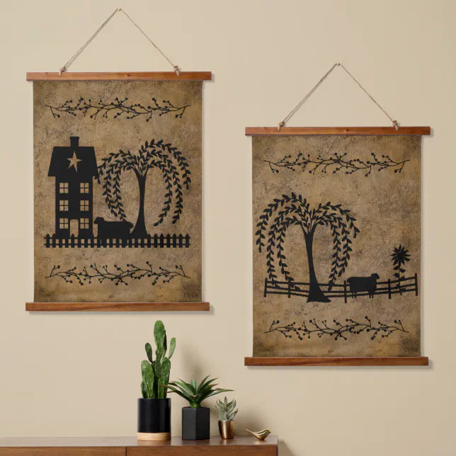 Prim Saltbox House Willow Tree Sheep Hanging Tapestry | Zazzle