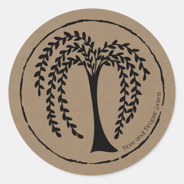Prim Style Willow Tree Black Organic Frame Classic Round Sticker | Zazzle