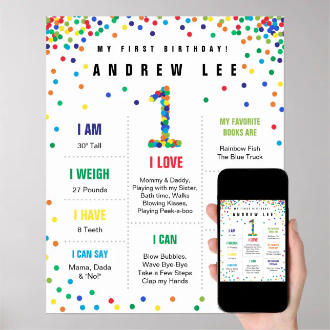 Primary Colors Confetti boy first birthday poster | Zazzle