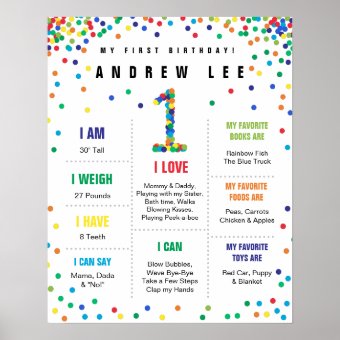 Primary Colors Confetti boy first birthday poster | Zazzle