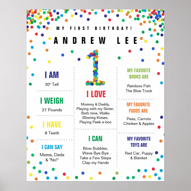 Primary Colors Confetti boy first birthday poster | Zazzle