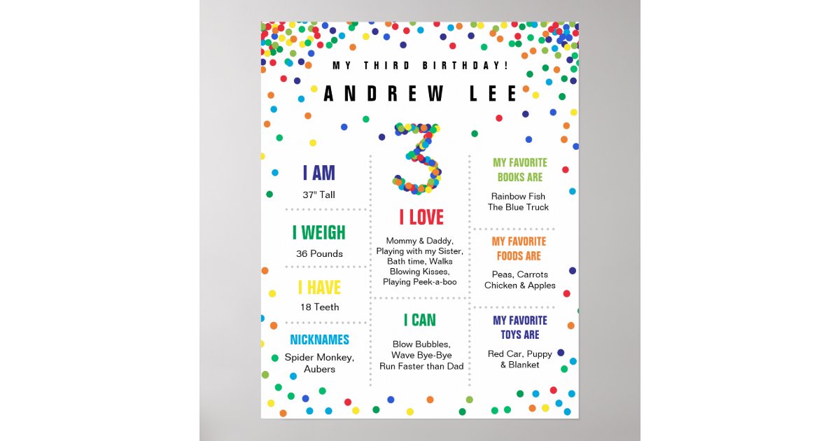 Primary Colors Confetti boy third birthday poster | Zazzle