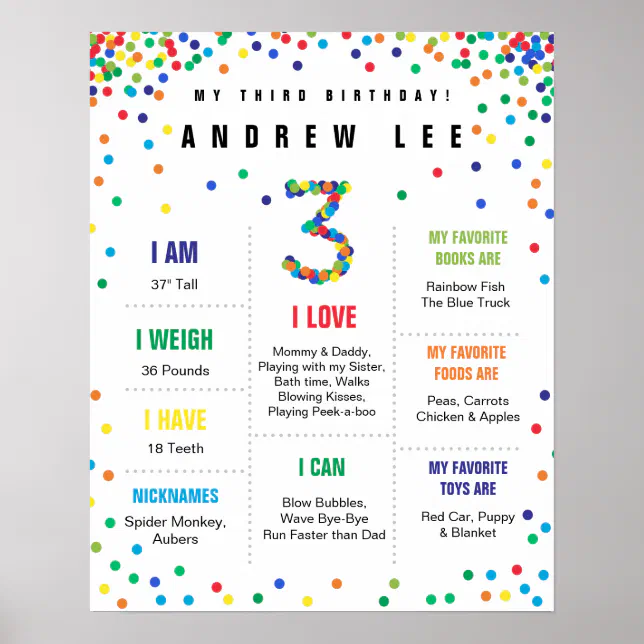 Primary Colors Confetti boy third birthday poster | Zazzle