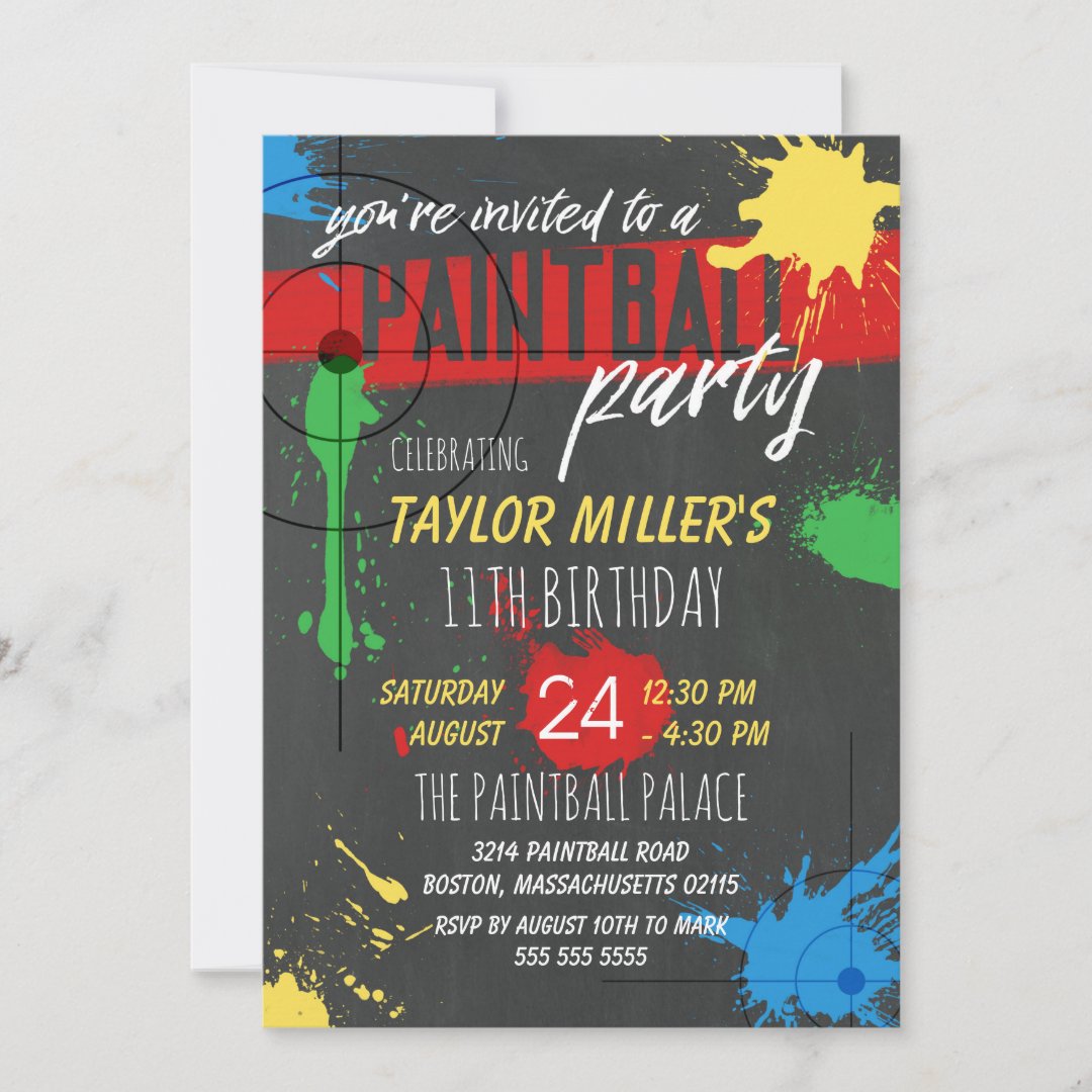 Primary Colors Paint Splash Paintball Party Invitation | Zazzle