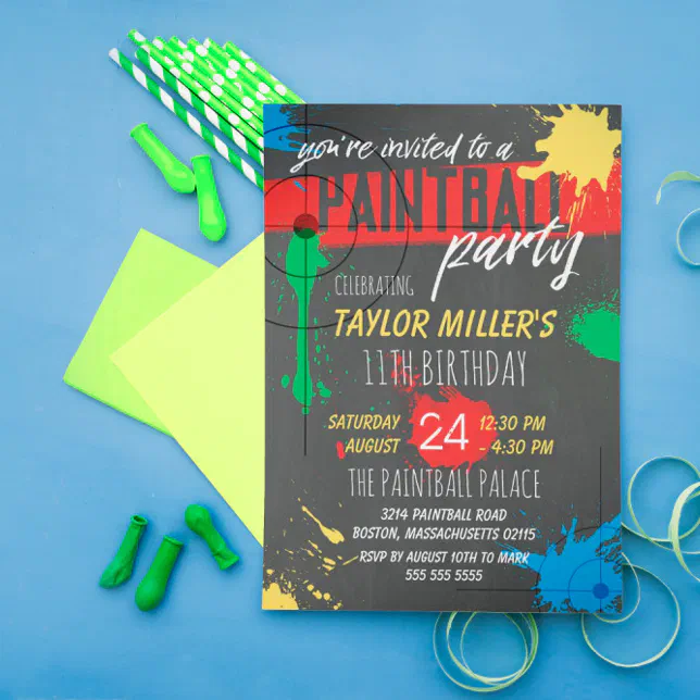 Primary Colors Paint Splash Paintball Party Invitation | Zazzle