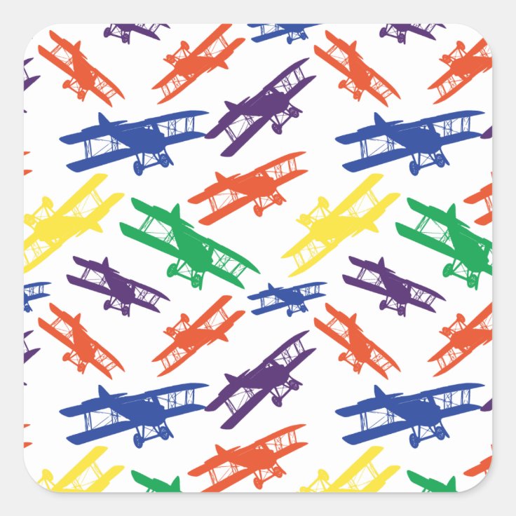 Primary Colors Vintage Biplane Airplane Pattern Square Sticker | Zazzle