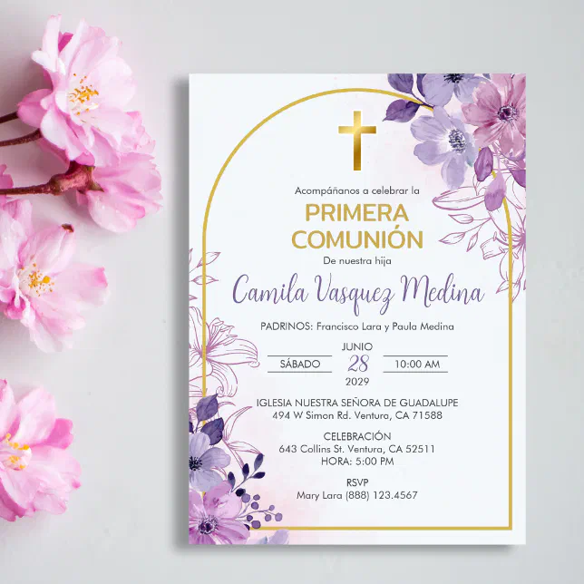 Primera Comunion Invitacion Cute Purple Flowers Invitation | Zazzle