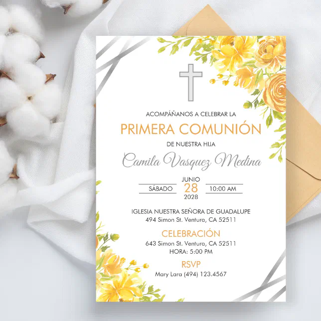 Primera Comunion Invitacion Cute Yellow Flowers Invitation | Zazzle