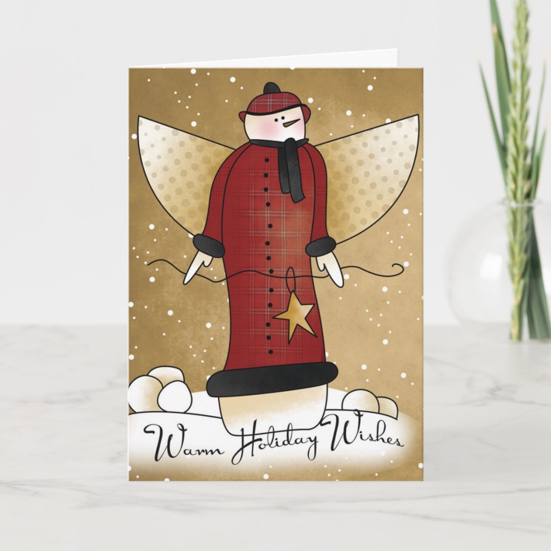 Primitive Angel Snowman with Star Christmas Card | Zazzle