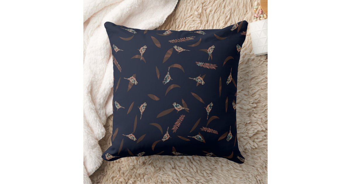 Primitive Birds Leaves and Branches Blue Rust Throw Pillow | Zazzle