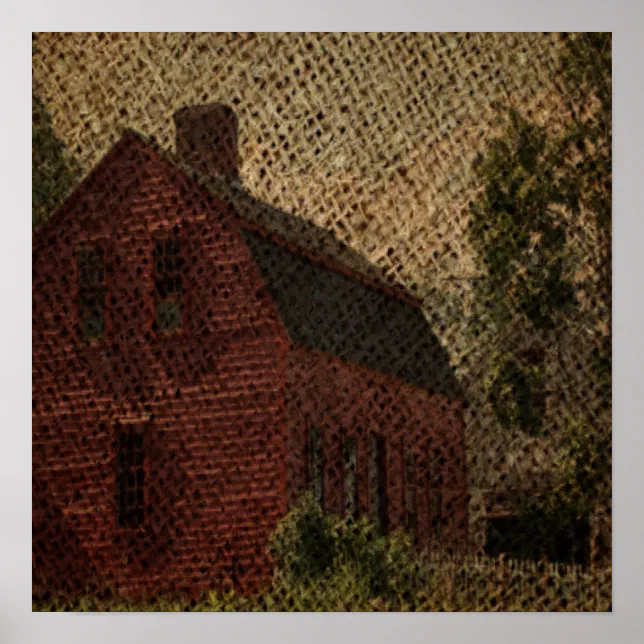 Primitive burlap country farmhouse red barn poster | Zazzle
