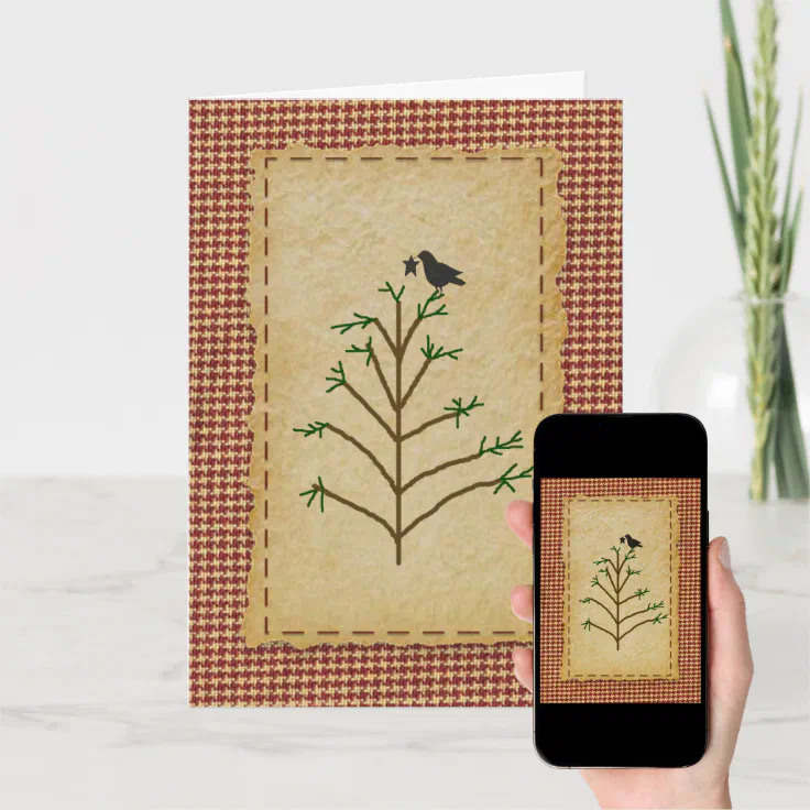 Primitive Christmas Tree Christmas Card | Zazzle