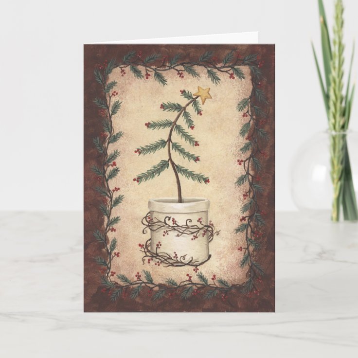 Primitive Christmas Tree Holiday Card | Zazzle