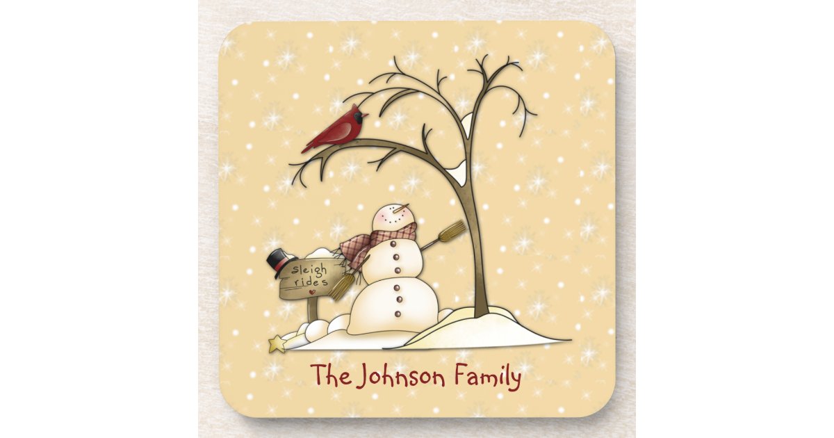 Primitive Country Snowman Red Bird Cork Coaster | Zazzle