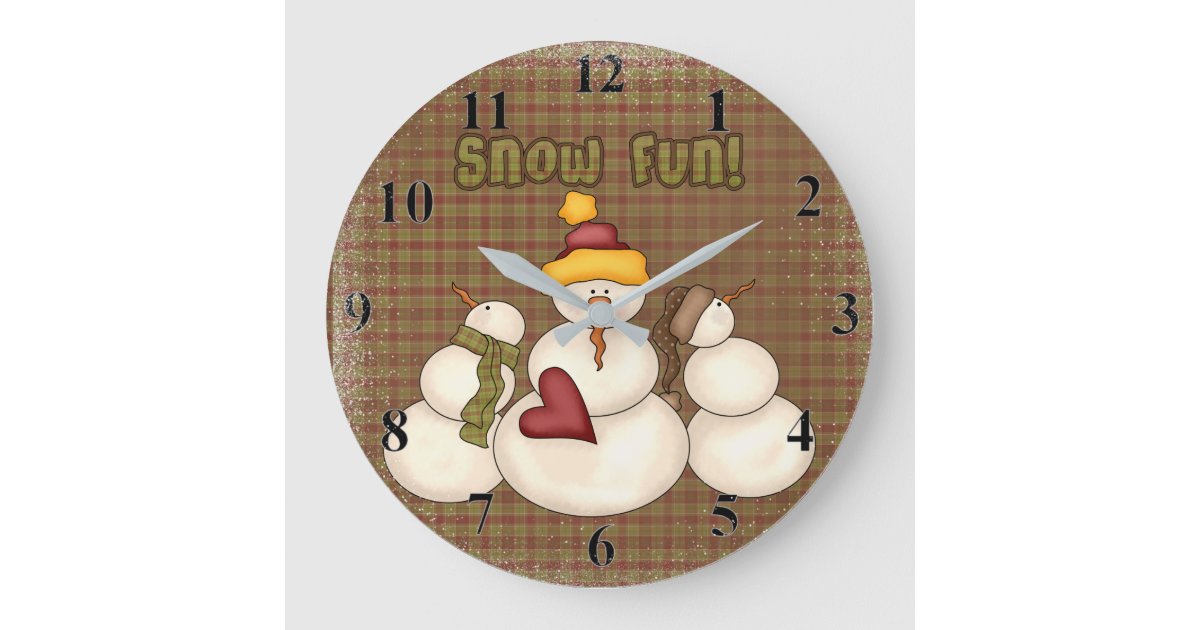 Primitive Country Snowman SNOWFUN Large Clock | Zazzle