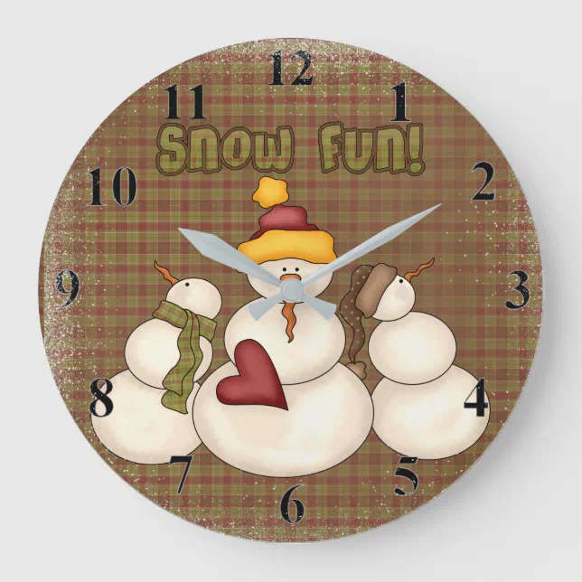 Primitive Country Snowman SNOWFUN Large Clock | Zazzle