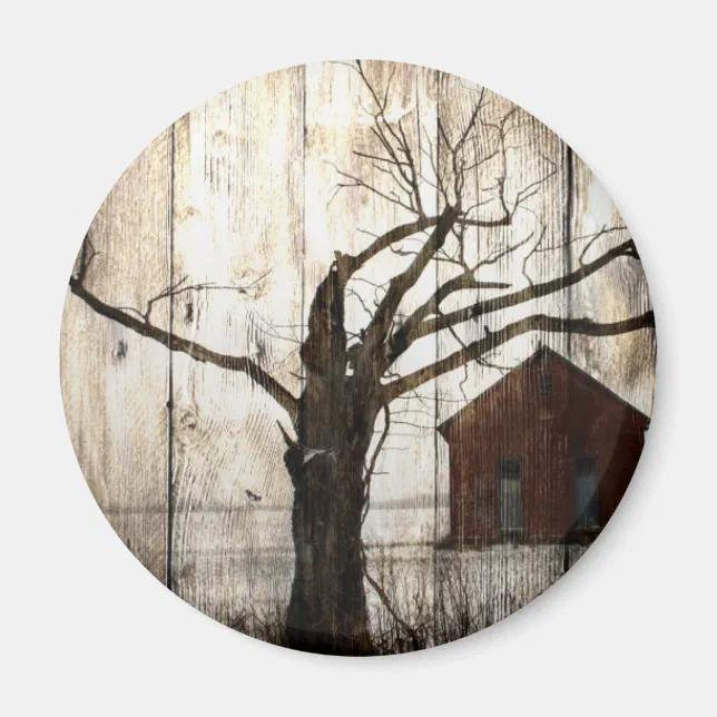 Primitive Country Woodgrain Winter Tree Red Barn Magnet | Zazzle