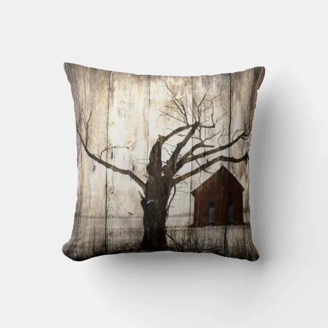 Primitive Country Woodgrain Winter Tree Red Barn Throw Pillow | Zazzle
