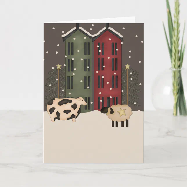 Primitive Cow & Sheep Christmas Card | Zazzle