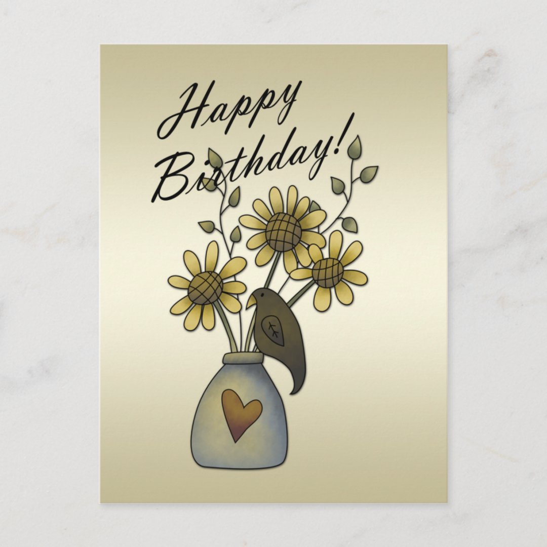 Primitive Crows Sunflowers Birthday Postcard | Zazzle