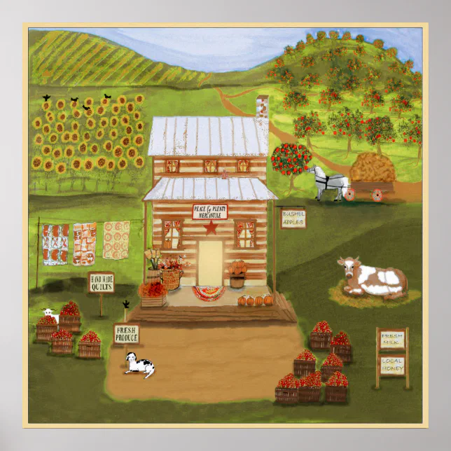 Primitive folk Art Old Country Store Farm Animals Poster | Zazzle