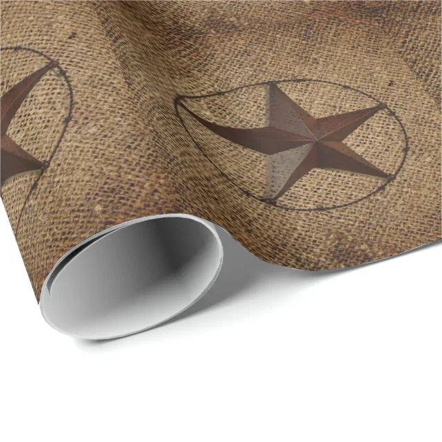 Primitive rustic burlap western country texas star wrapping paper | Zazzle
