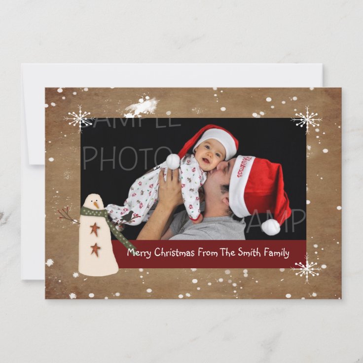 Primitive Snowman Photo Christmas Card | Zazzle