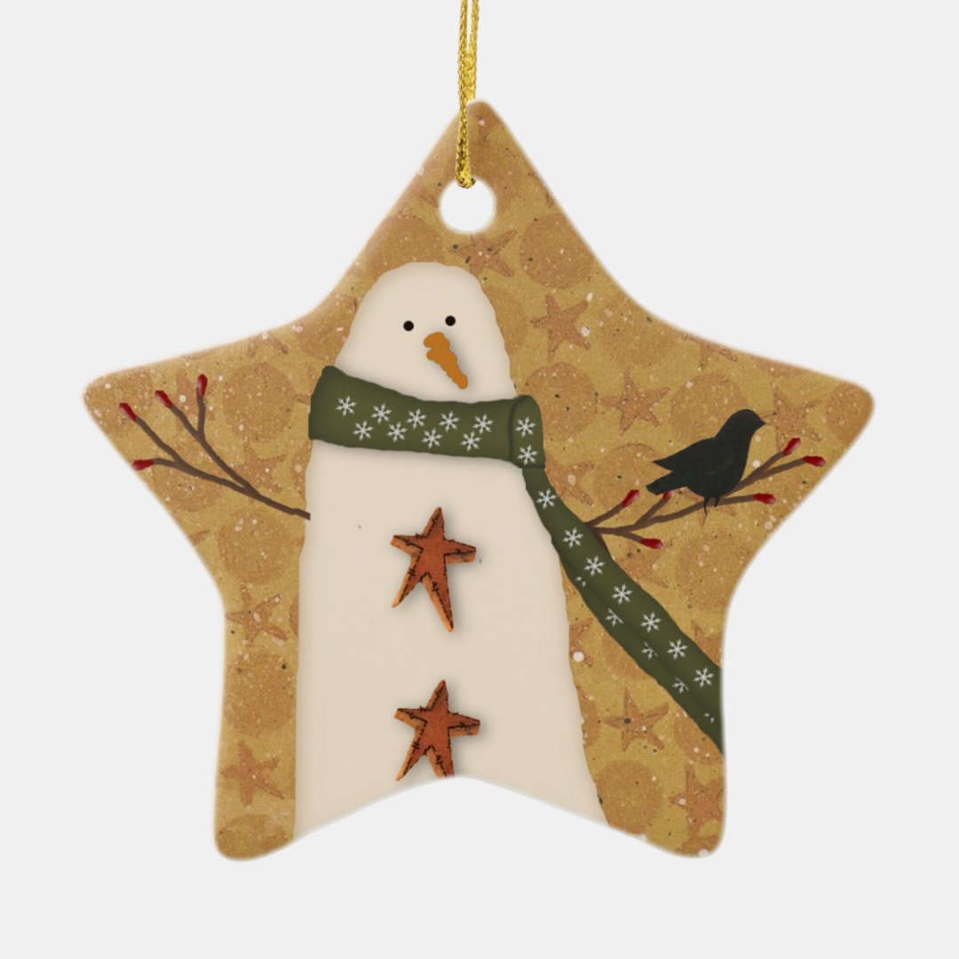 Primitive Snowman Star Ornament | Zazzle