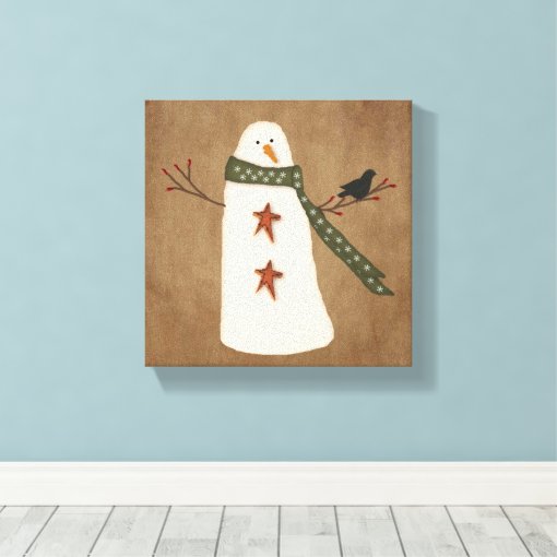 Primitive Snowman Stretched Canvas Print | Zazzle