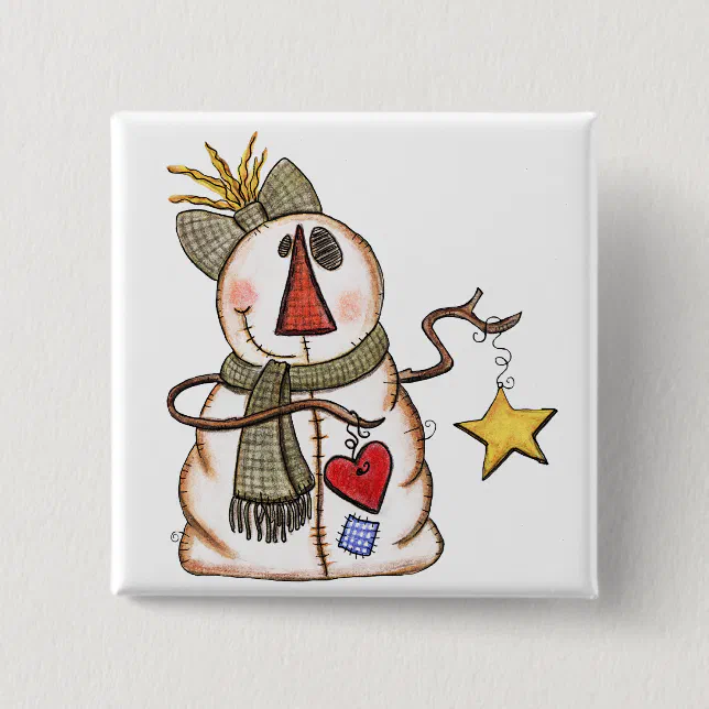Primitive Snowman with Heart and Star Pinback Button | Zazzle