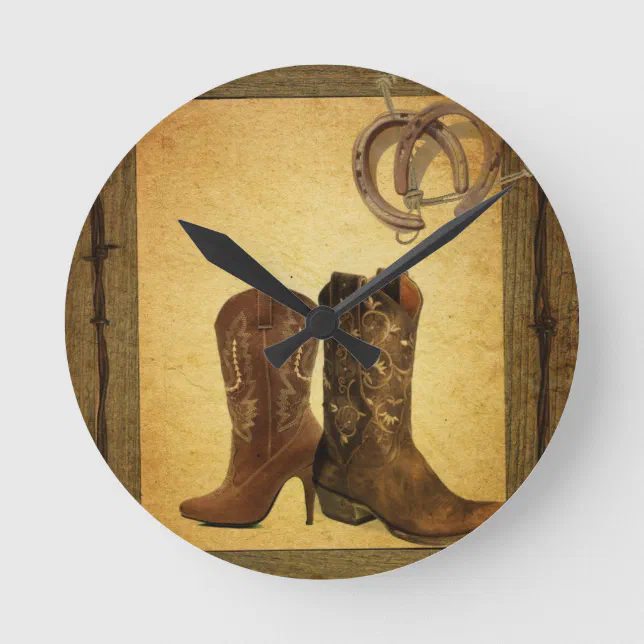 primitive western country horseshoe cowboy boots round clock | Zazzle