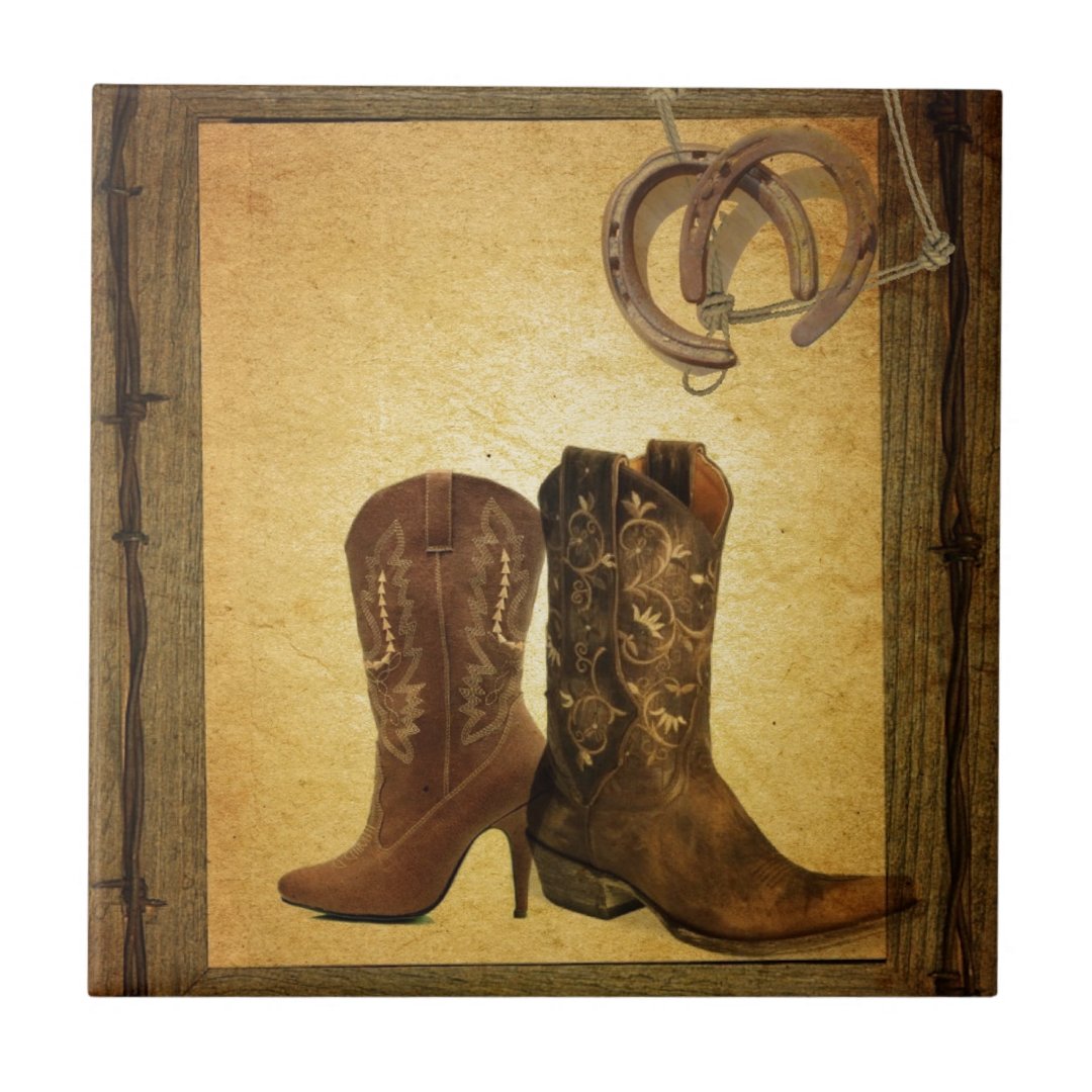 primitive western country horseshoe cowboy boots tile | Zazzle