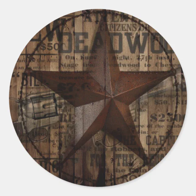 primitive wild western country Texas Star cowboy Classic Round Sticker ...