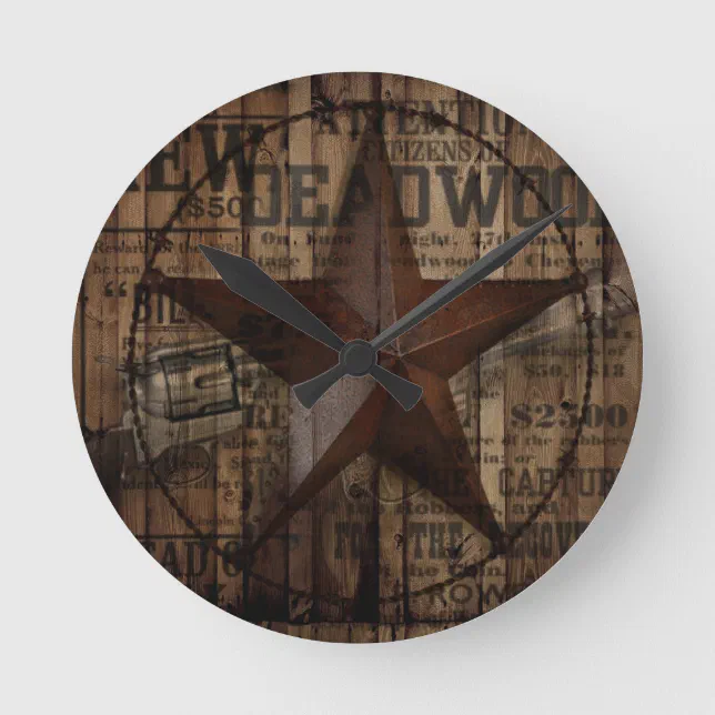 primitive wild western country Texas Star cowboy Round Clock | Zazzle