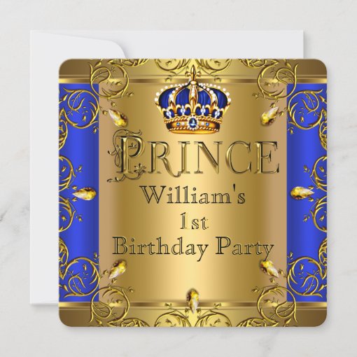 Prince 1st Birthday Boy Royal Blue Gold Crown Invitation | Zazzle